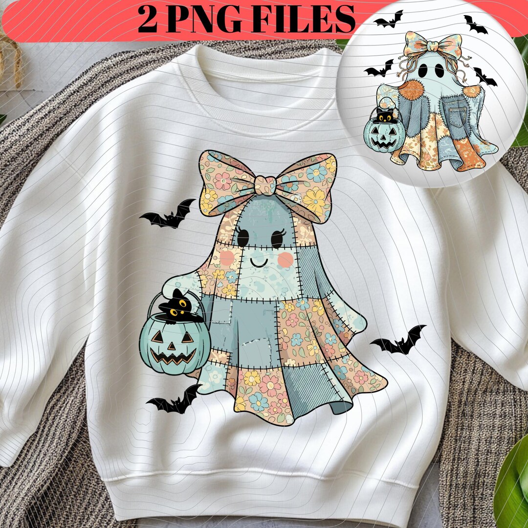 Patchwork Ghost PNG: Preppy Halloween Pastel Ghost With Bow - Etsy