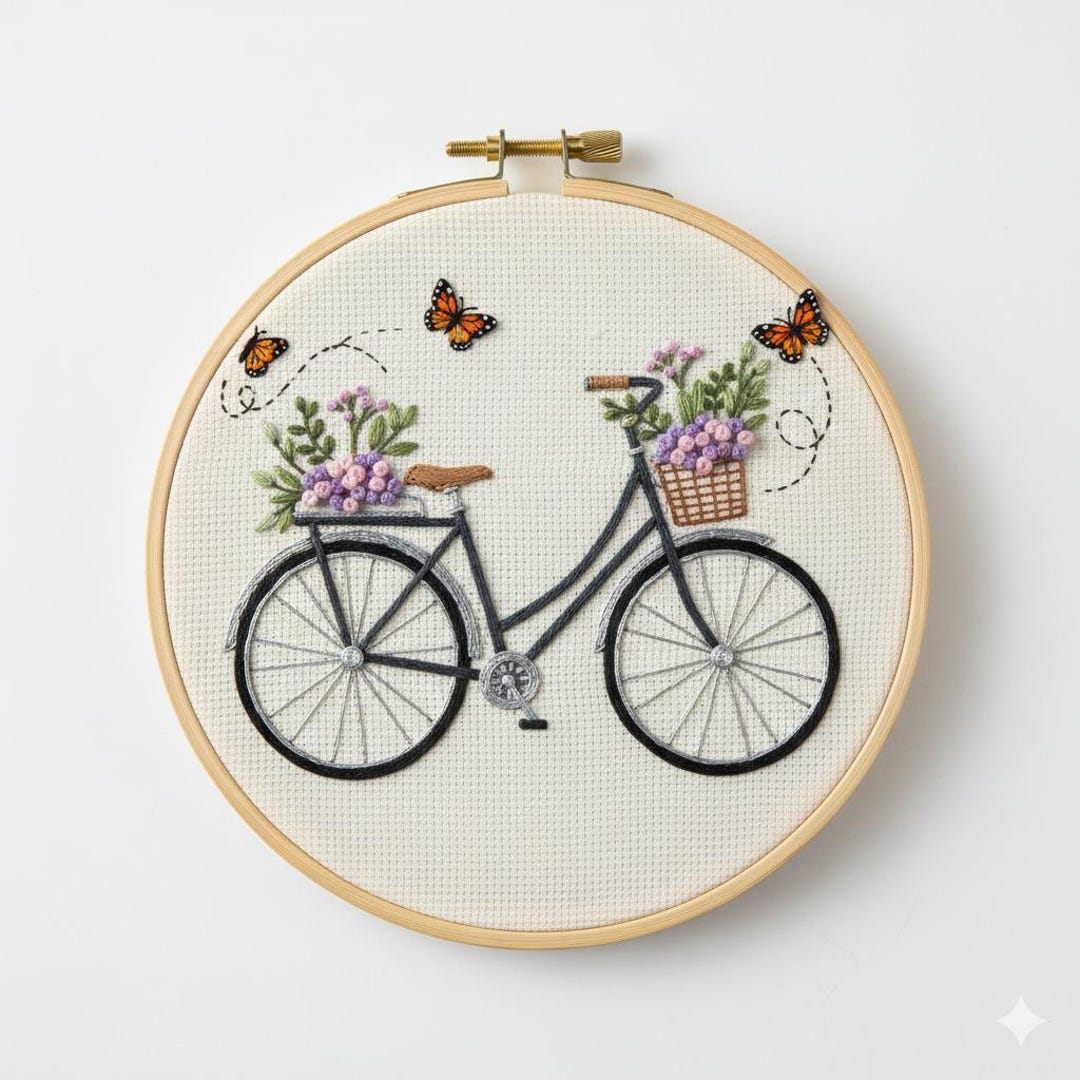 Floral Cycle Hand Embroidery Pattern, Floral Embroidery Design, Cycle ...