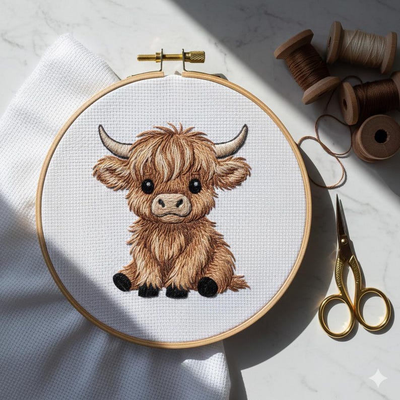 Highland Cow Hand Embroidery Pattern, Animal Embroidery Design, Hand ...