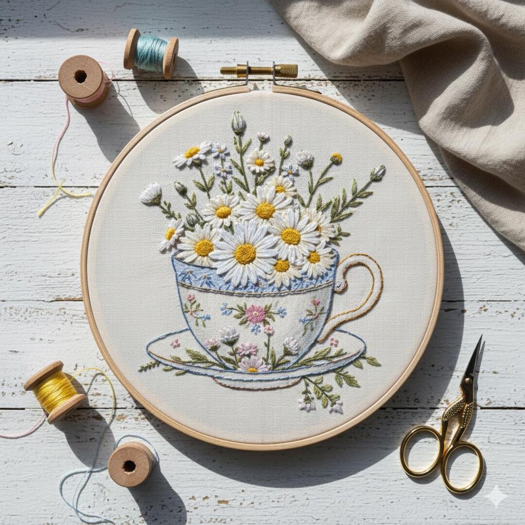 Floral Teacup Embroidery Pattern, Floral Embroidery Design, Teacup Hand ...