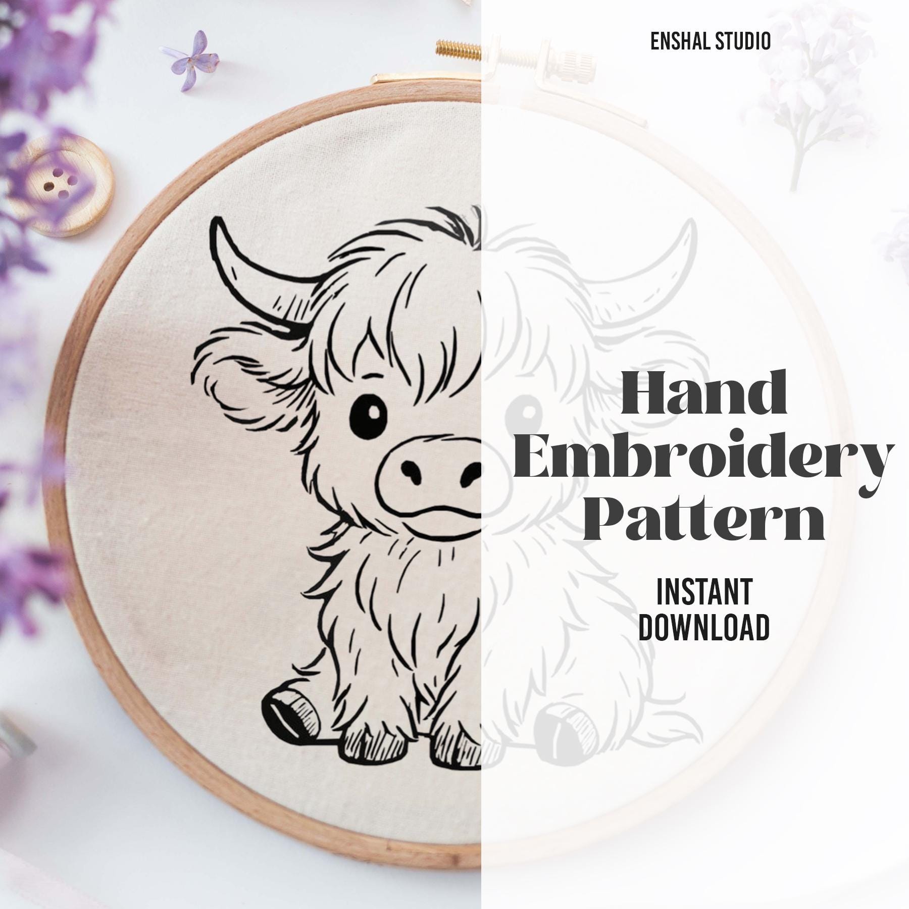 Highland Cow Hand Embroidery Pattern, Animal Embroidery Design, Hand ...