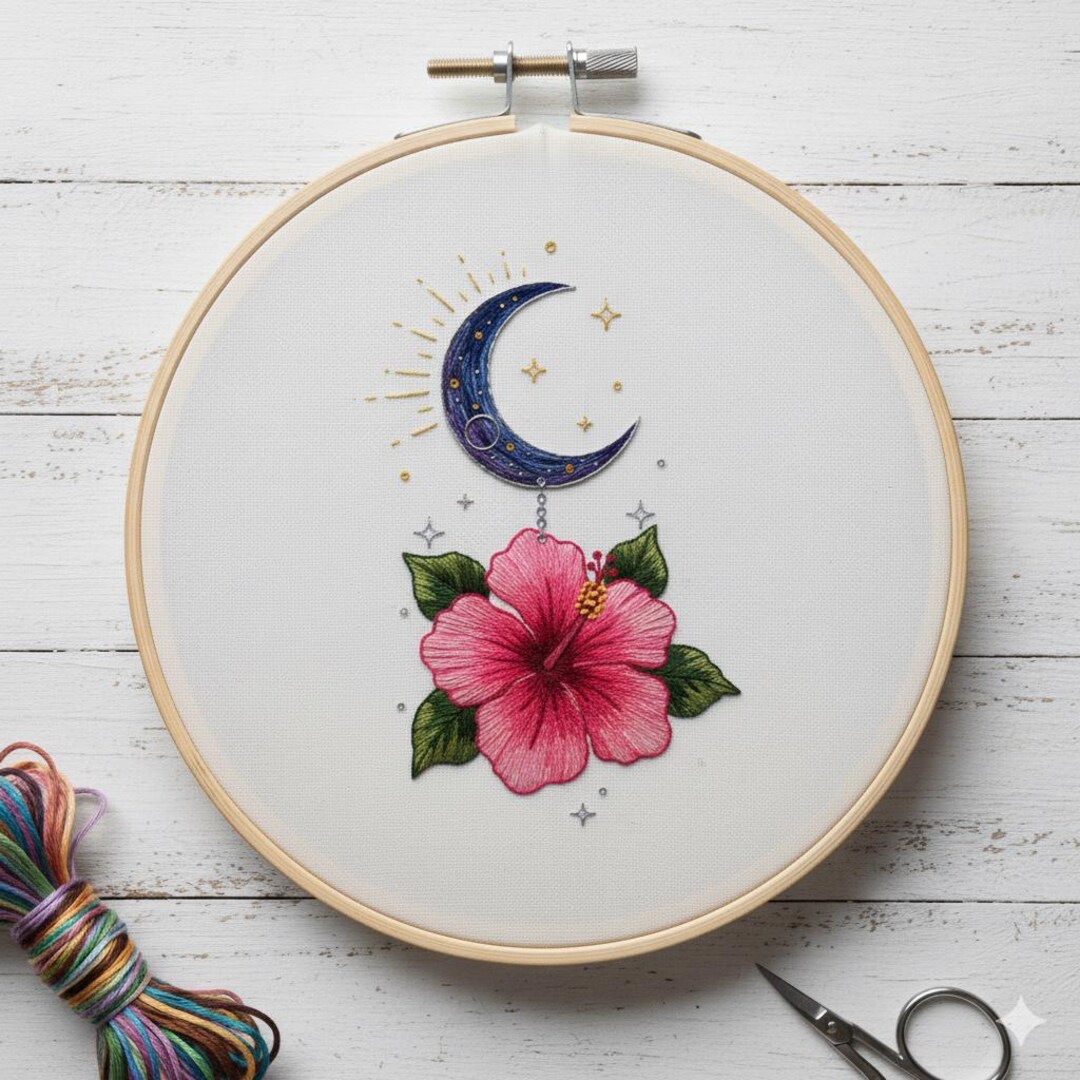 Moon and Hibiscus - Night Garden Blossom, Embroidery Pattern - Etsy