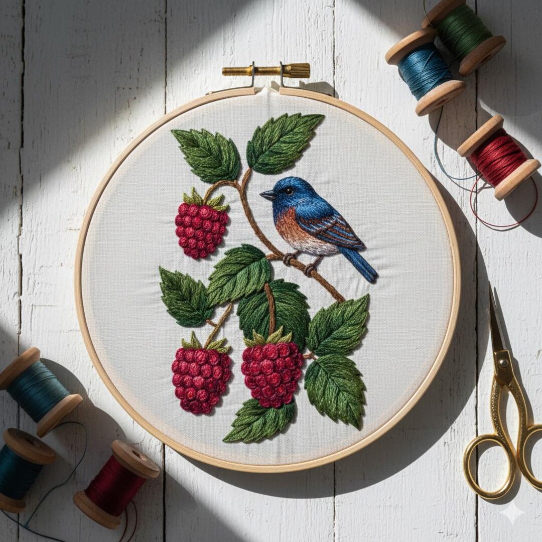 Bird on Berry Embroidery Pattern, Bird Hand Embroidery PDF (instant ...