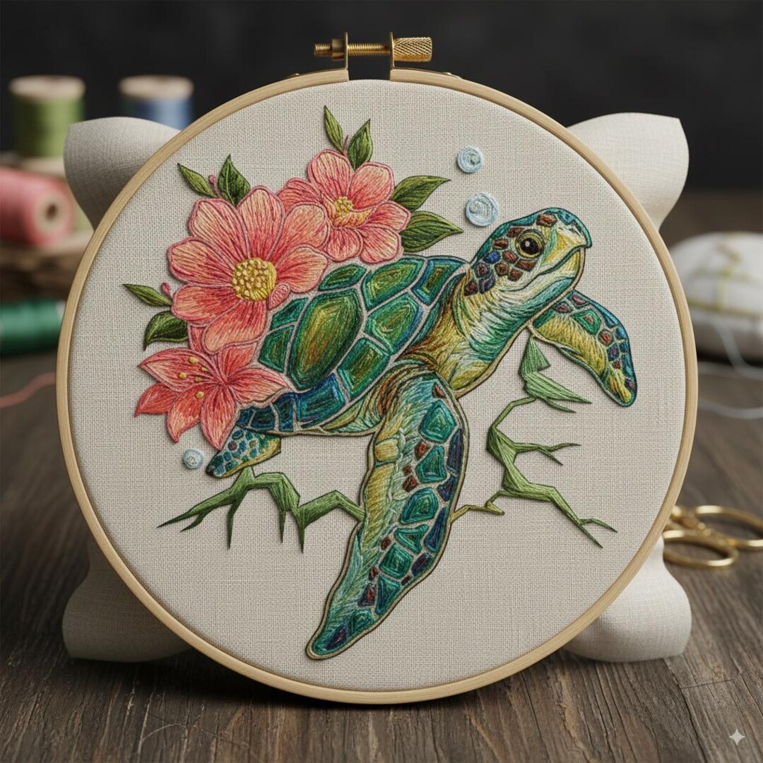 Turtle in Floral - Turtle Swimming Embroidery Pattern - Etsy