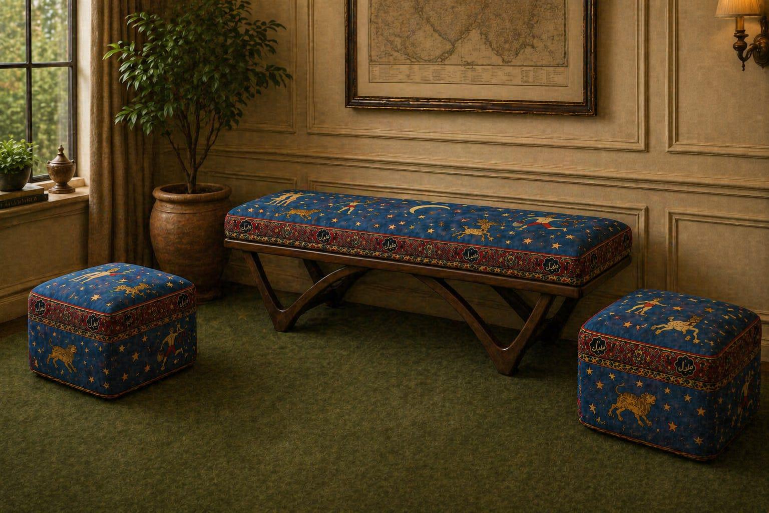 Vintage Tufted Bench | Persian Motif Upholstered Seat | Solid Wood ...