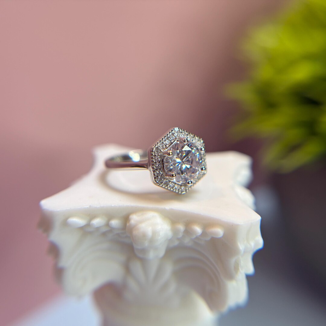 Hexagon Wedding Ring - 925 Sterling Silver Ring With Cubic Zirconia ...