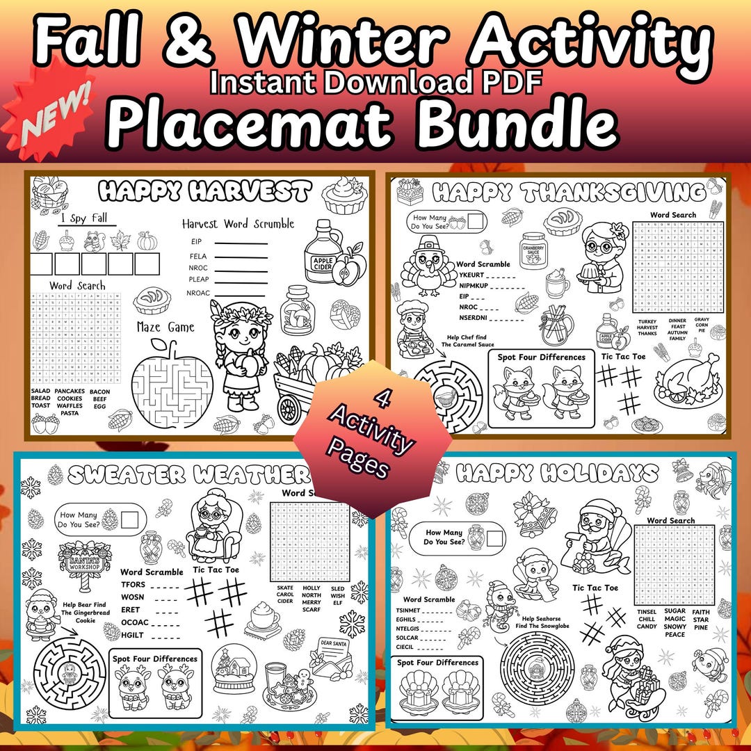 Fall & Winter Activity Placemats – Printable Kids Coloring Pages (PDF ...
