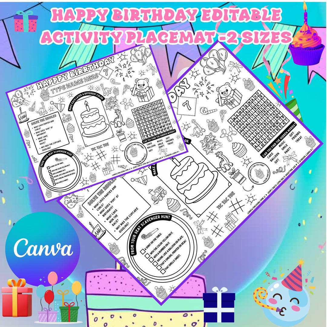 Editable Birthday Activity Placemat | Printable Party Games (PDF) - Etsy