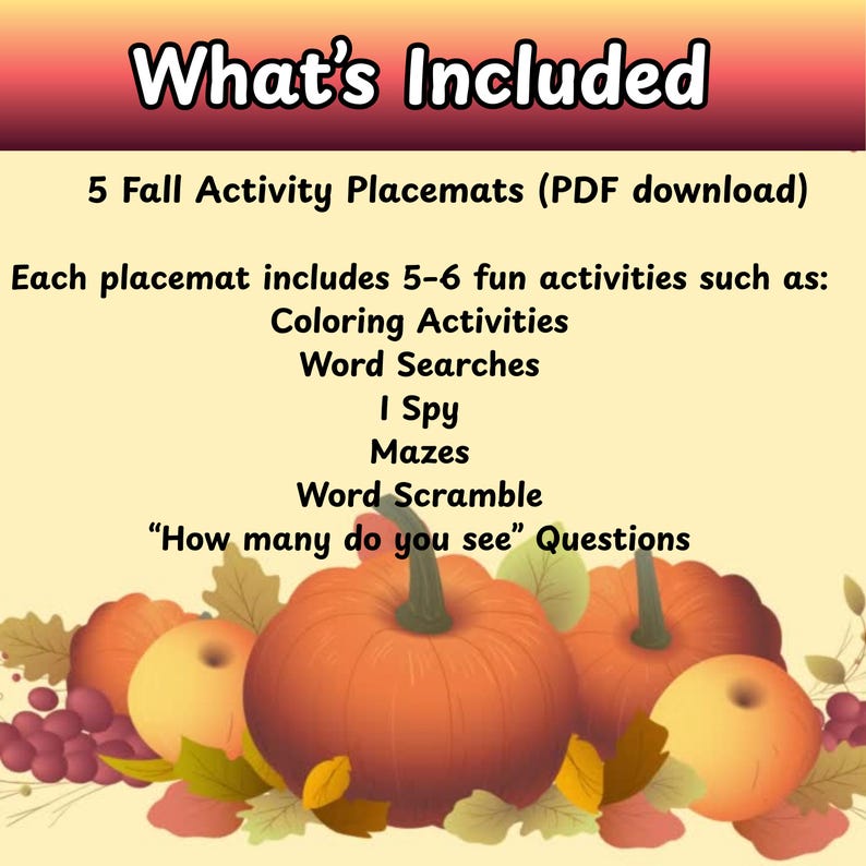 Fall Activity Placemats: Coloring Pages, Mazes, Word Games (PDF) - Etsy