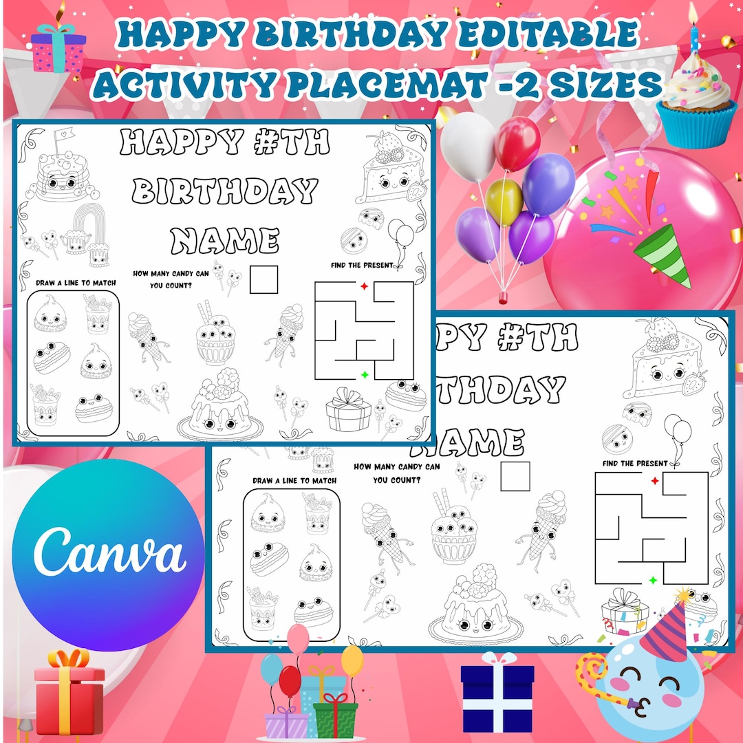 Editable Birthday Placemat | Kids Activity Mat (canva Template) - Etsy UK