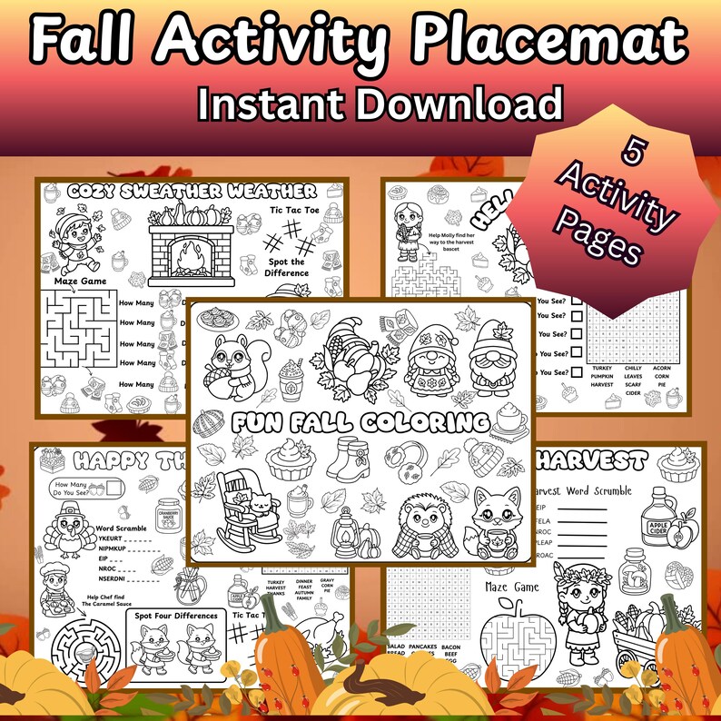 Fall Activity Placemats: Coloring Pages, Mazes, Word Games (PDF) - Etsy
