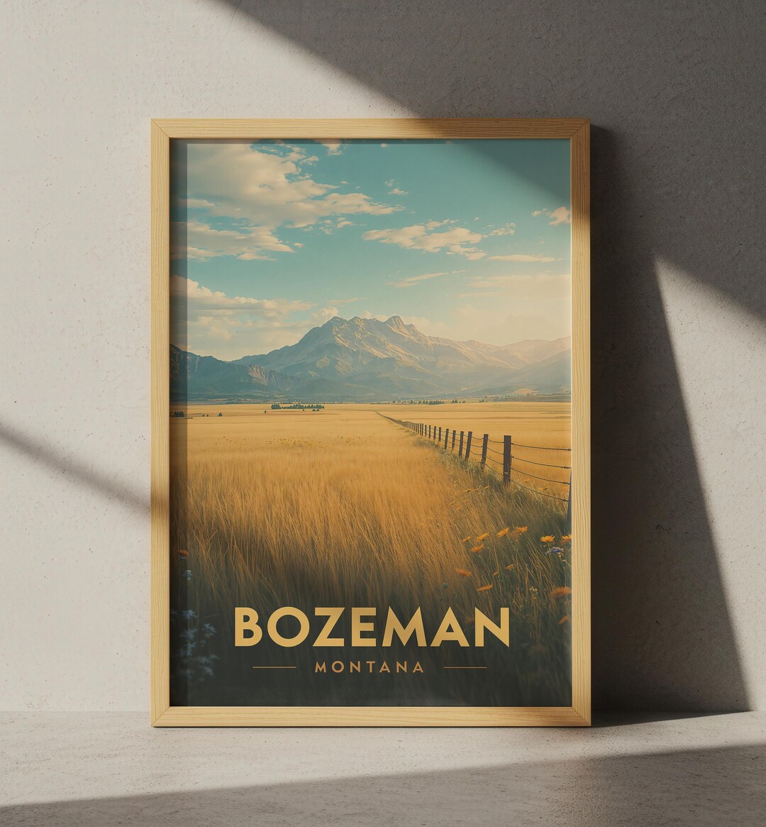 Bozeman Montana Travel Poster, USA Wall Art, Mountain Valley and Forest ...