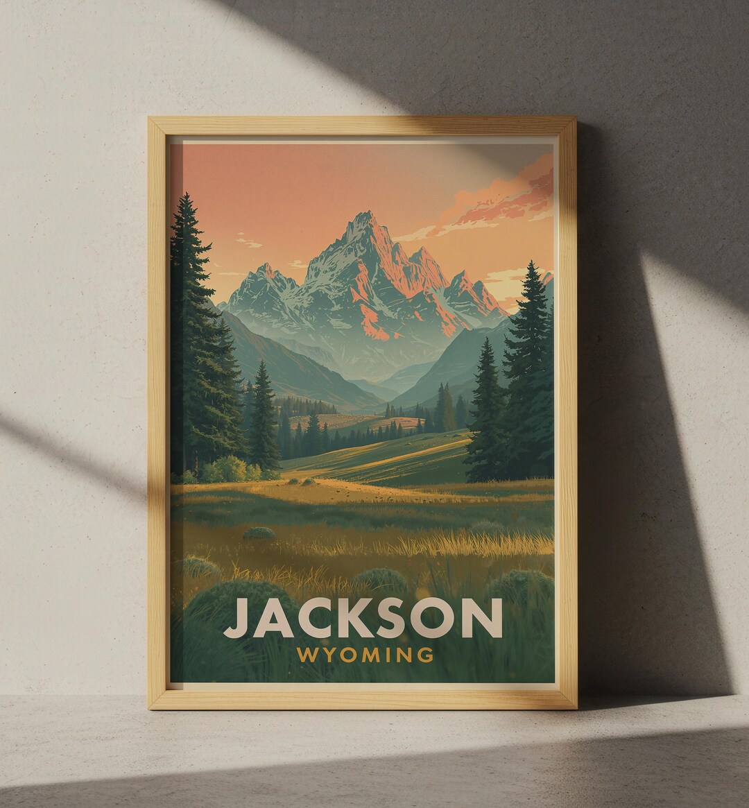 Jackson Wyoming Travel Poster, USA Wall Art, Teton Mountains and Valley ...