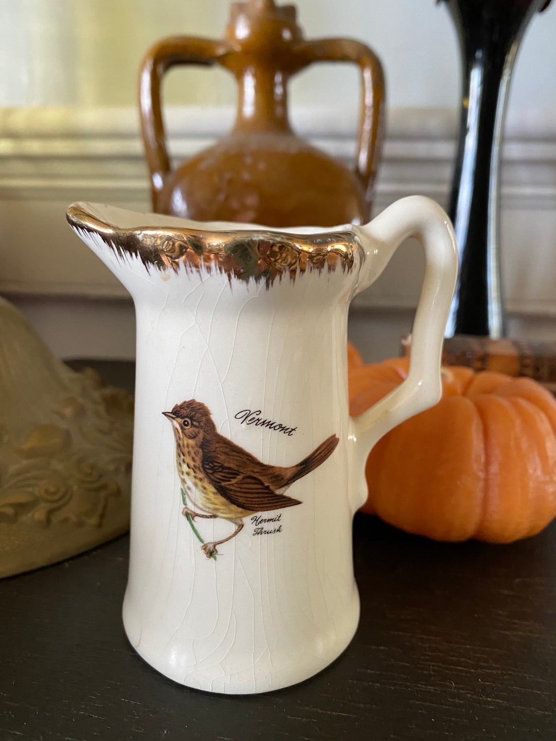Souvenir Creamer, 1959s Souvenir, Vermont, Hermit Thrush Bird, Gold ...