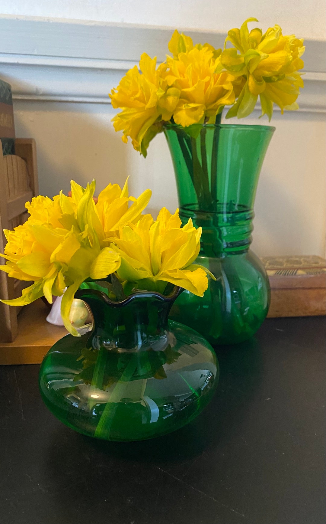 Vintage Green Glass Vases Pair Vases Mid Century Vases Anchor Hocking Vases Dark Green Glass
