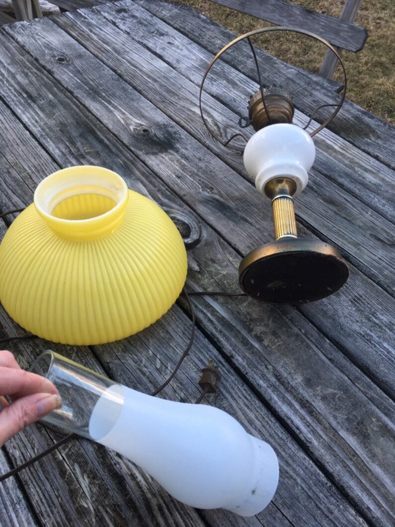 Hurricane Lamp Electric Brass and Porcelain Base Glass Shade Key Switch ...