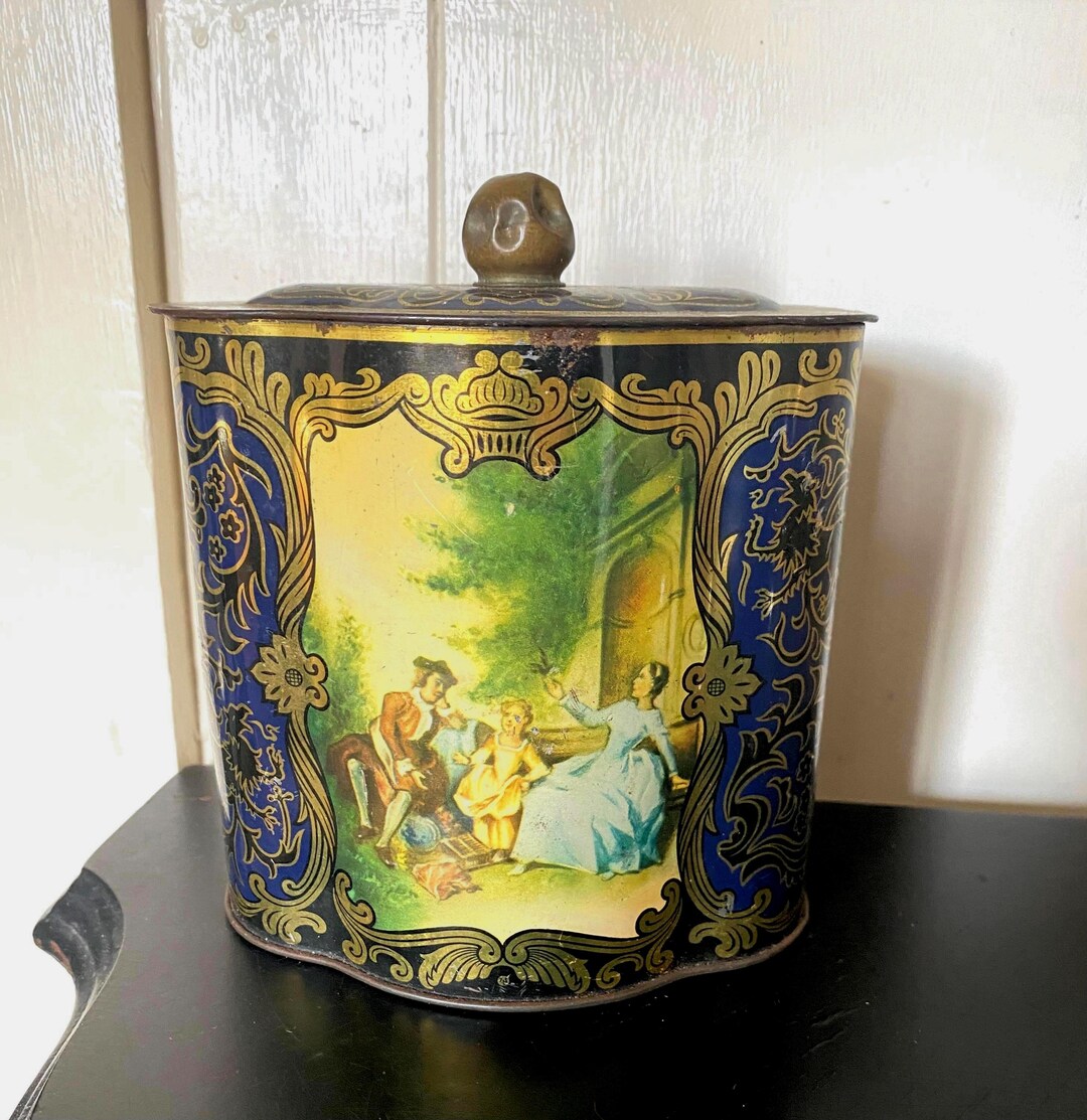 Vintage West German Biscuit Tin: Dark Blue & Gold Ornate Lidded ...
