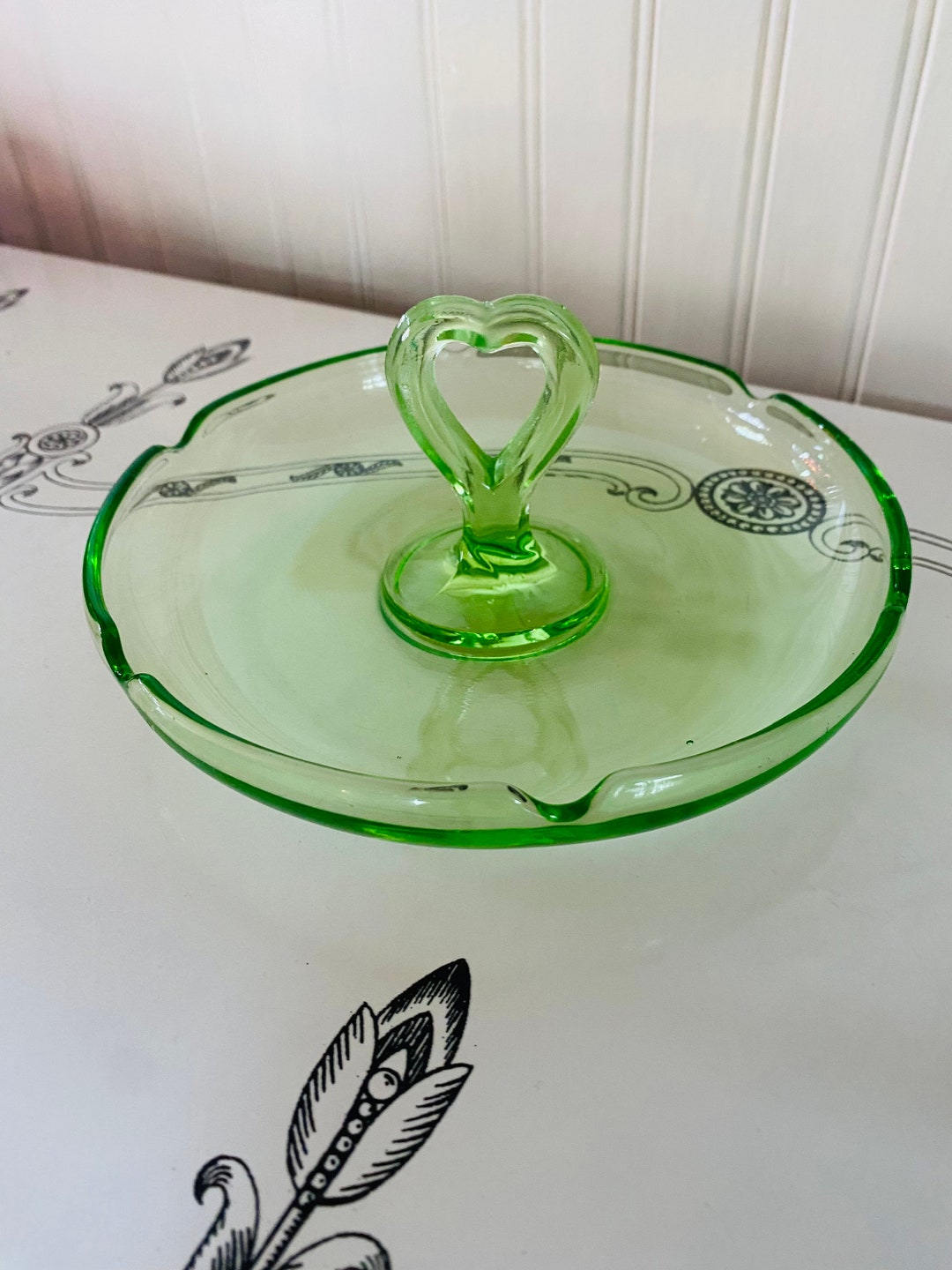 Uranium Glass Ashtray, 1930s, Greensburg, Green Depression Glass, Heart ...