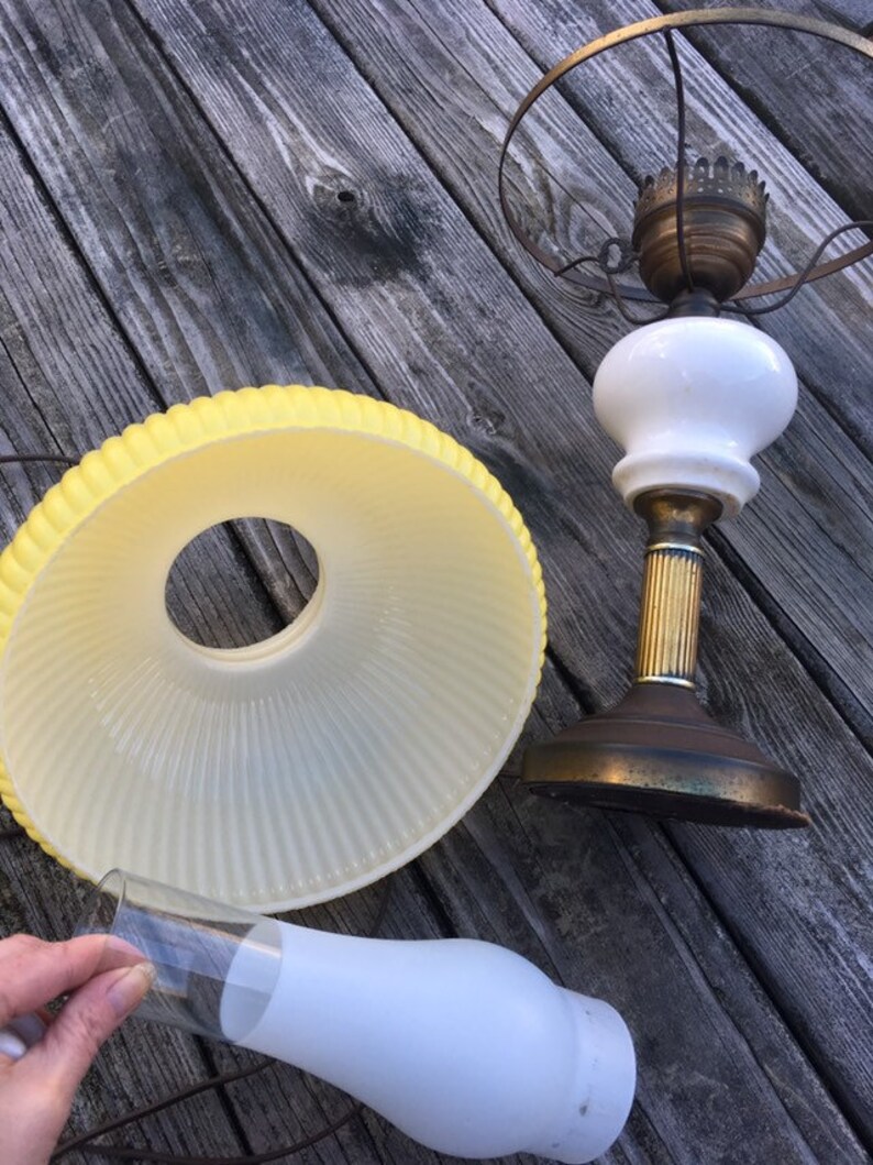 Hurricane Lamp Electric Brass and Porcelain Base Glass Shade Key Switch ...