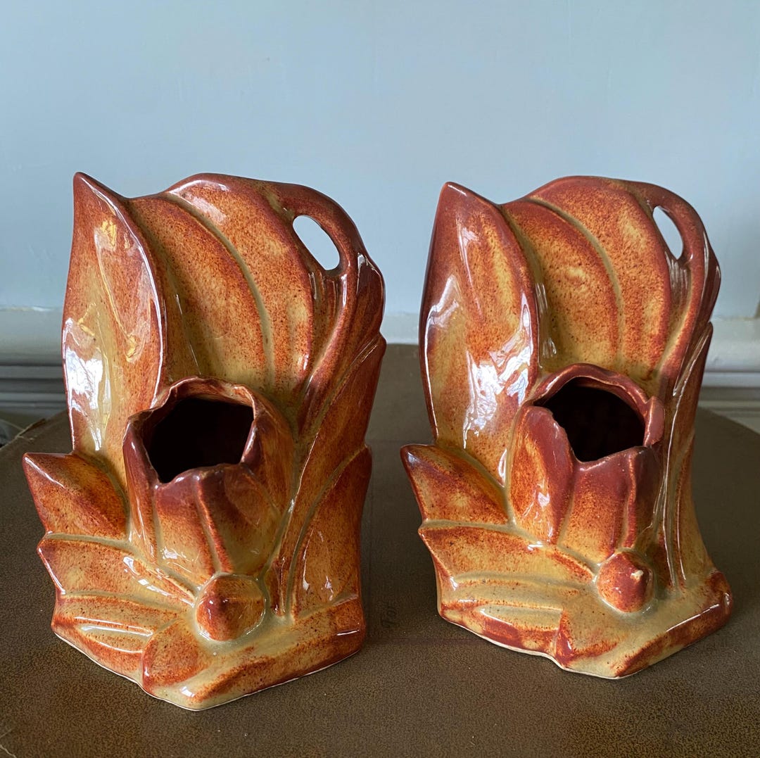 Vintage Nelson Mccoy Pottery Bookends: Orange Tulip Vase, Deco Fall ...