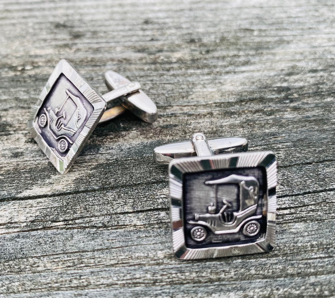 Vintage Antique Car Cufflinks, Silver Metal, Etched Cufflinks, Square ...