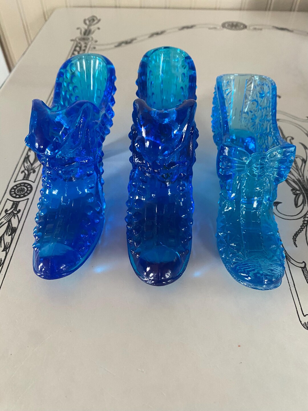 Vintage Fenton Blue Glass Shoes - Hobnail & Daisy Pattern - Set of 3 - Etsy