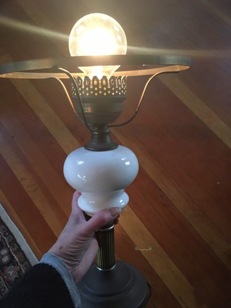 Hurricane Lamp Electric Brass and Porcelain Base Glass Shade Key Switch ...