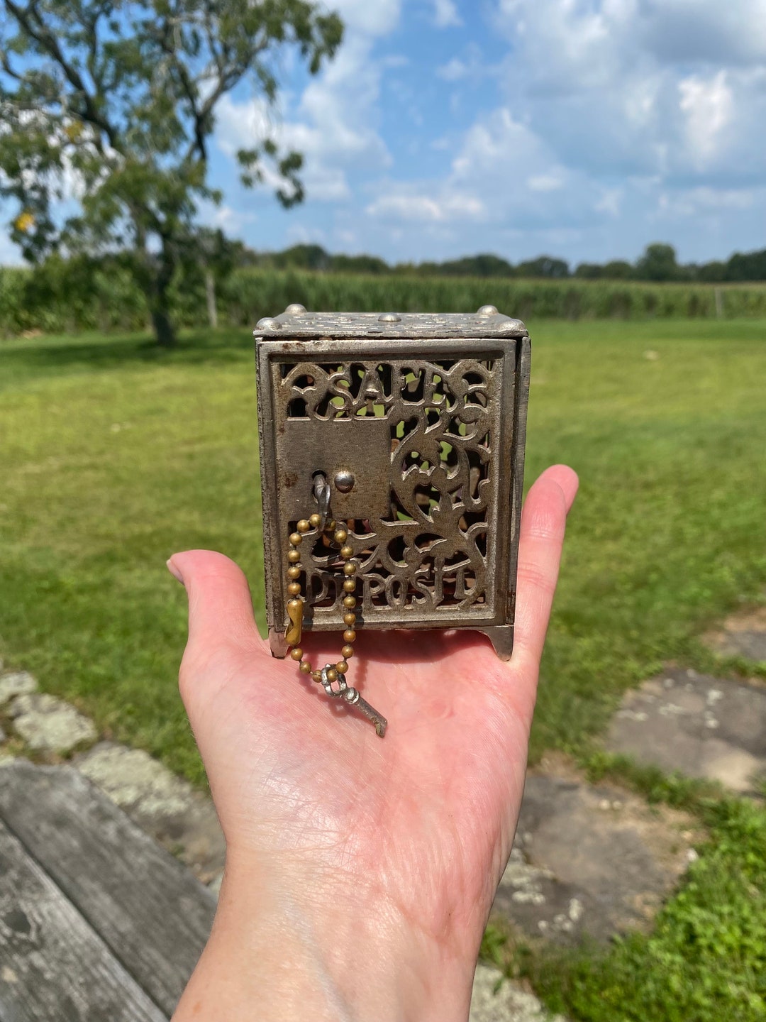 Antique Safe Deposit Coin Bank, Metal Penny Bank, Safe Coin Bank With ...