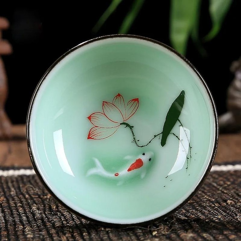 Hand-painted Celadon Teacup: Lotus & Koi Fish Gongfu Tea Ceremony (60ml ...