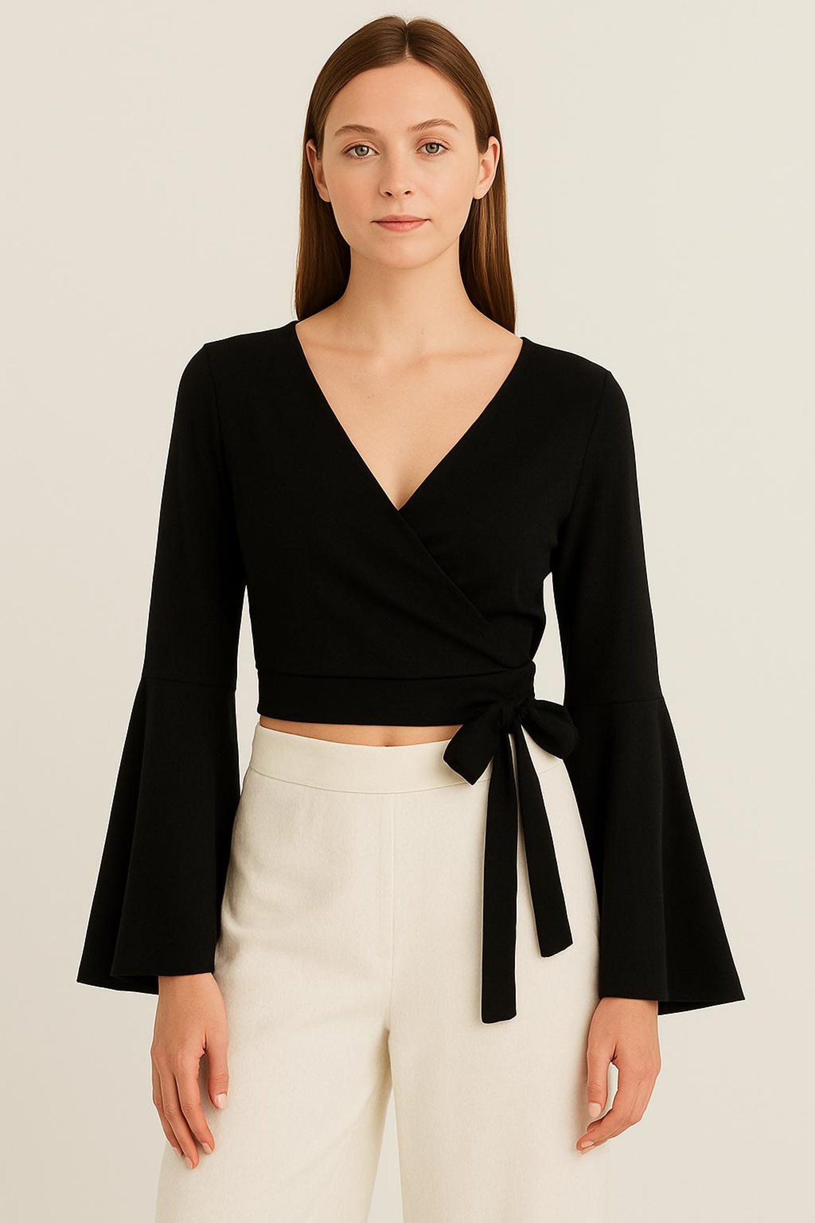 Wrap Crop Top Sewing Pattern PDF | Flared Sleeve Blouse | V-neck Tie ...