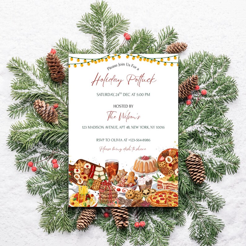 Holiday Potluck Invitation | Editable Christmas Dinner Party Template ...