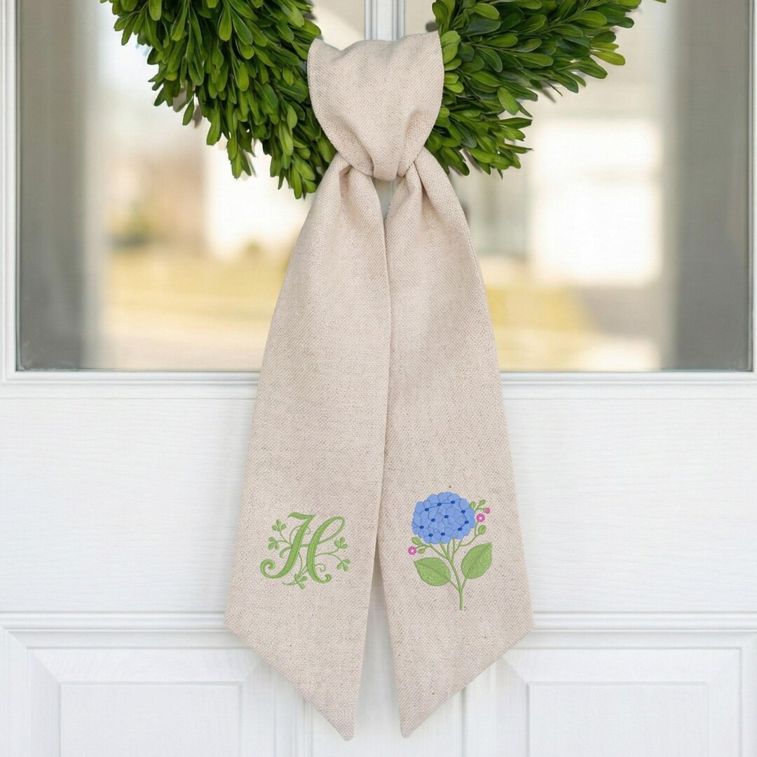 Monogram Wreath Sash: Hydrangea Embroidered Wreath Scarf, Spring Door ...