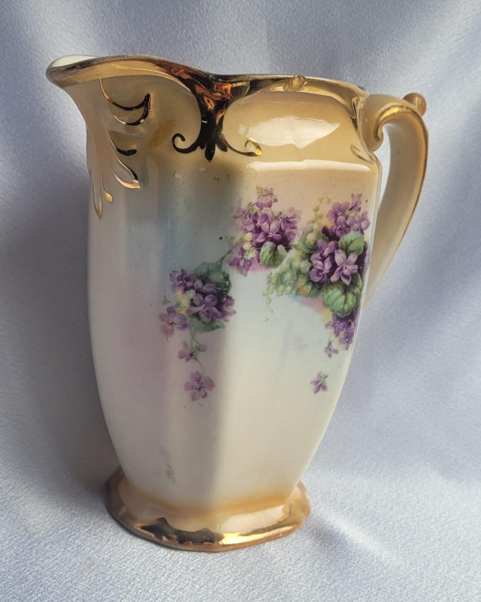 Antique Porcelain Floral Pitcher: Gold Gilt Roses & Violets, Early 20th ...