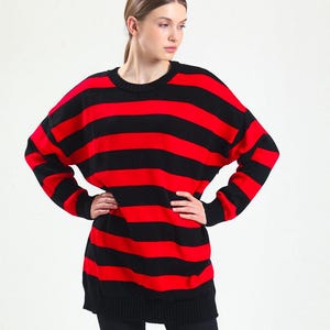 Oversized Red and Black Striped Sweater | Comfy Knit Tunic | Cozy ...