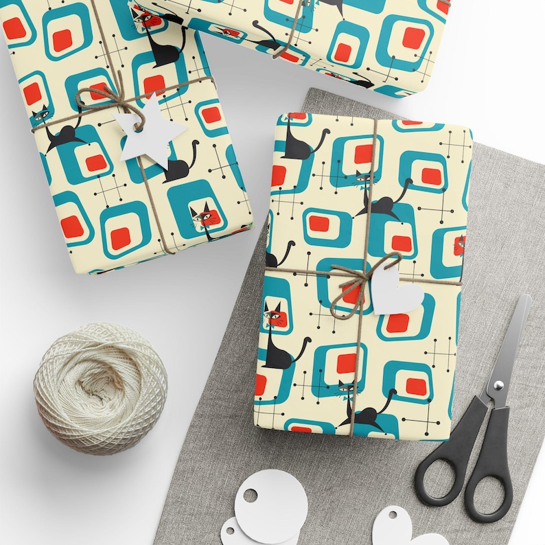 Cat Wrapping Paper, Mid Century Modern, Retro Atomic Design - Etsy
