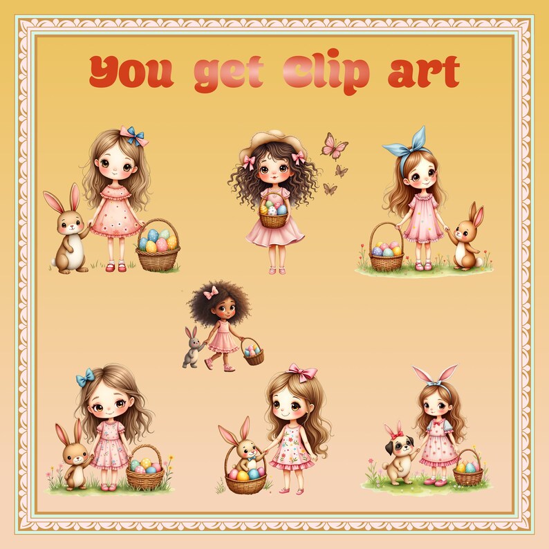 Kawaii Easter Girls Clipart Bundle | Cute Watercolor Bunny PNG Stickers ...