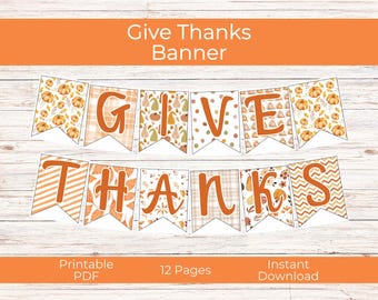 Give Thanks Banner - Thanksgiving Bunting - Thankful - Fall Leaves ...