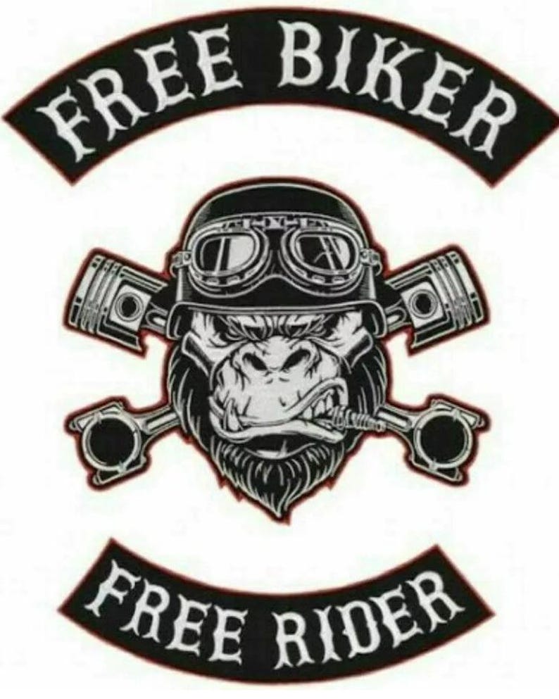 Free Biker Free Rider Large Back Patch Set - Embroidered Gorilla Helmet ...