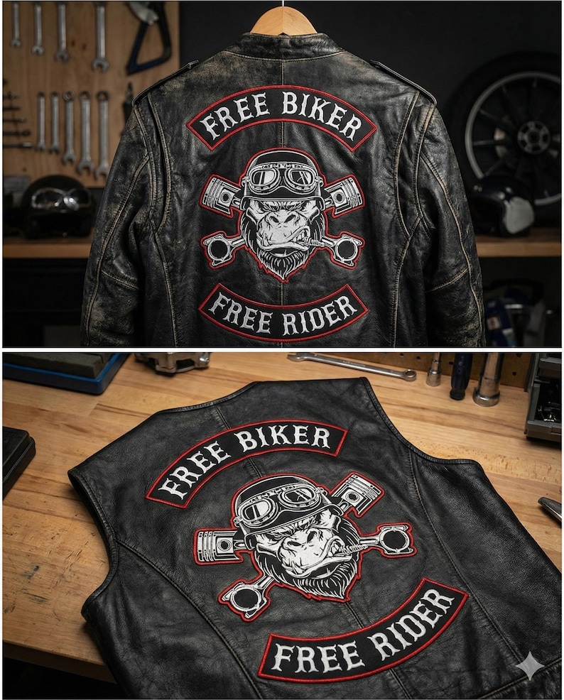 Free Biker Free Rider Large Back Patch Set - Embroidered Gorilla Helmet ...