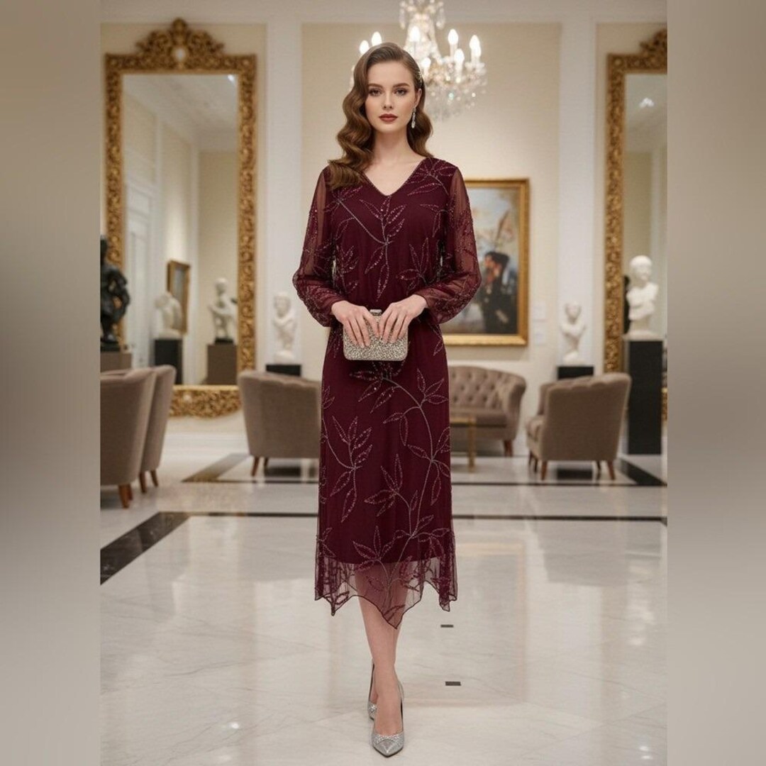 ATTITUDES BY DEBRA Elegant Burgundy Hand Beaded Dress With Leaf Pattern ...