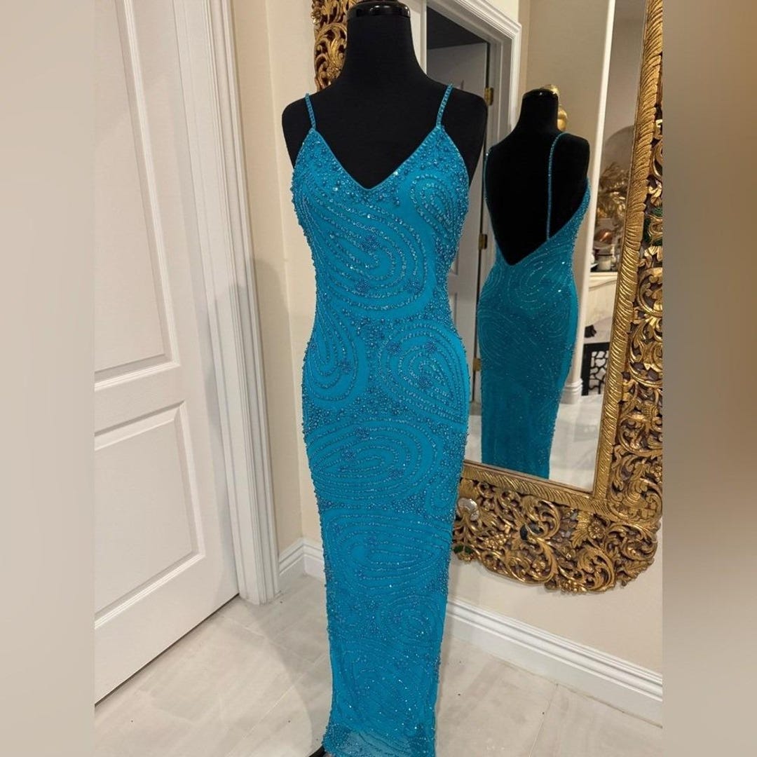 ATTITUDES BY DEBRA Elegant Turquoise Blue Hand Beaded Dress Size Medium ...