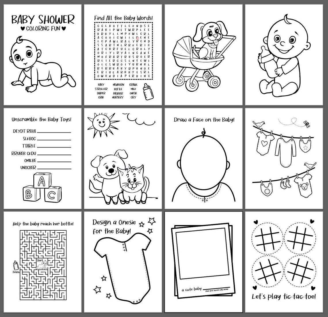 Download and Print Baby Shower Kids Coloring & Activity Pages - Etsy
