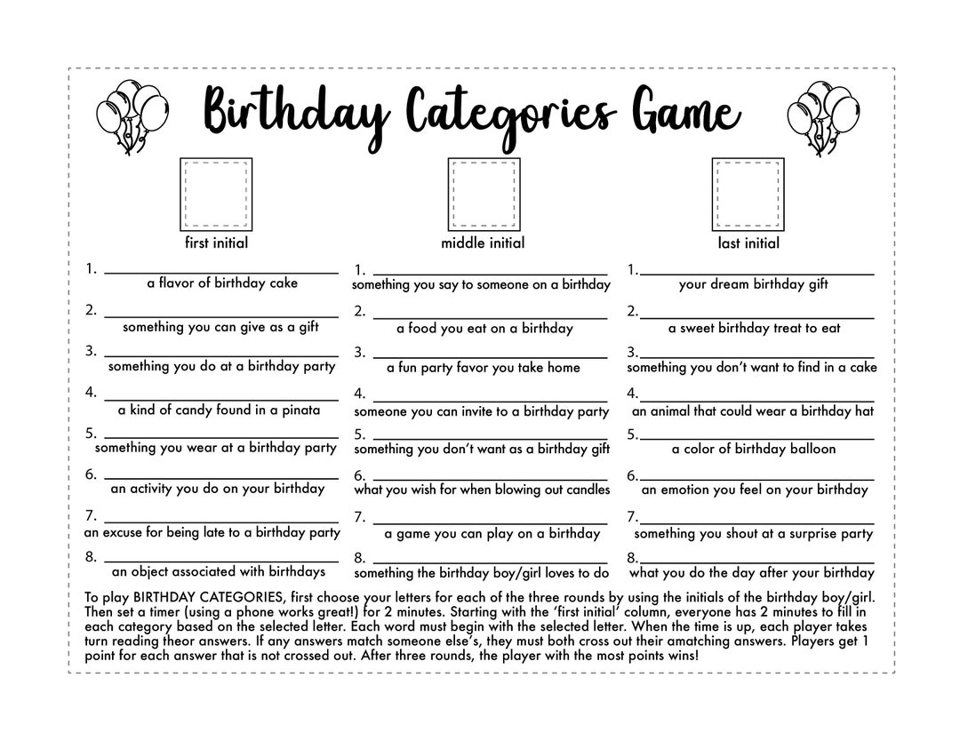 Download and Print - Birthday Categories Game - Etsy