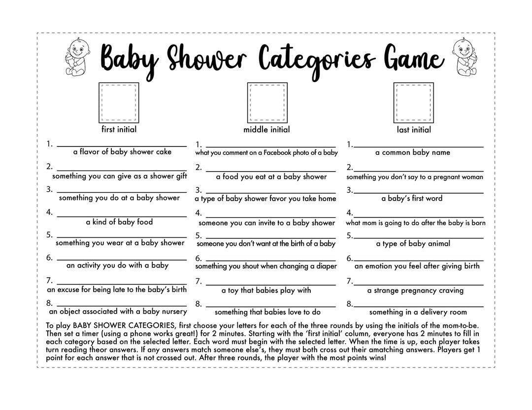 Download and Print - Baby Shower Categories Game - Etsy
