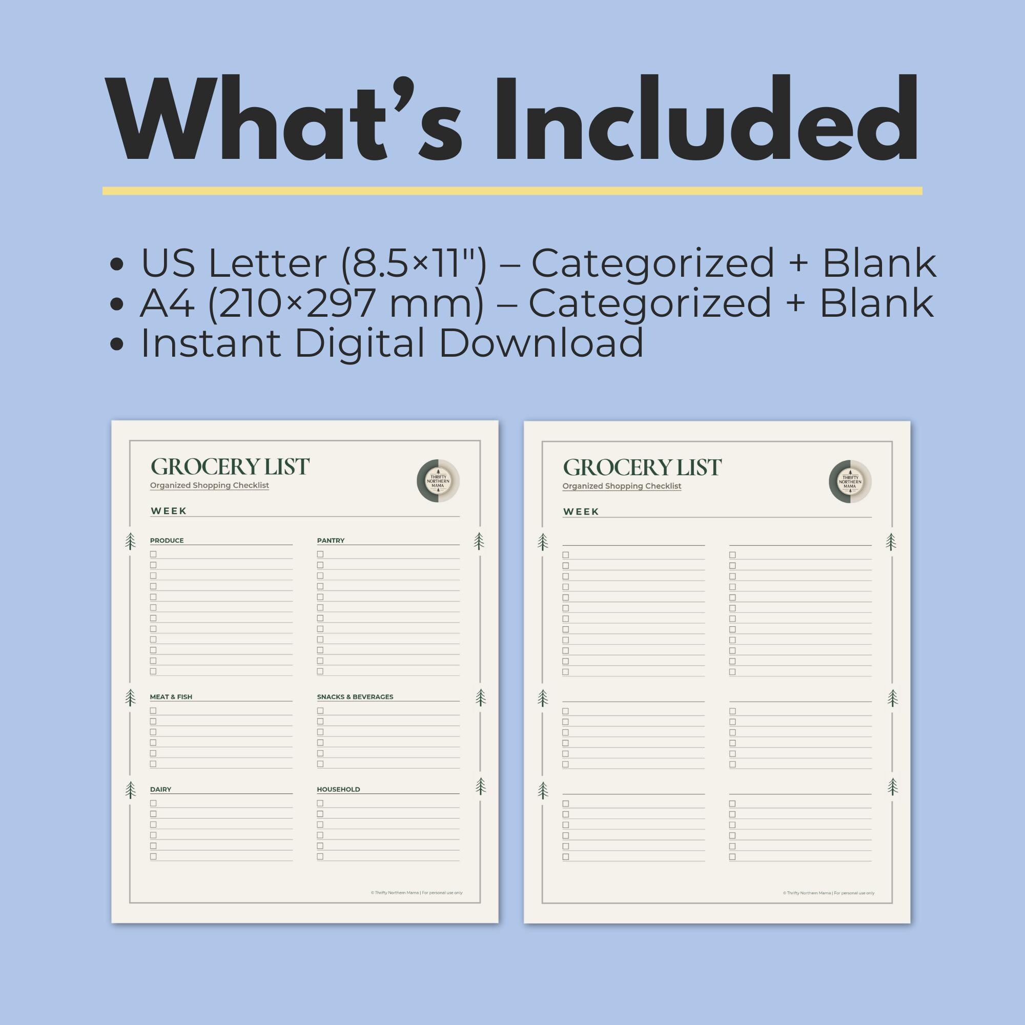 Printable Grocery List | Categorized + Blank Versions | Instant ...