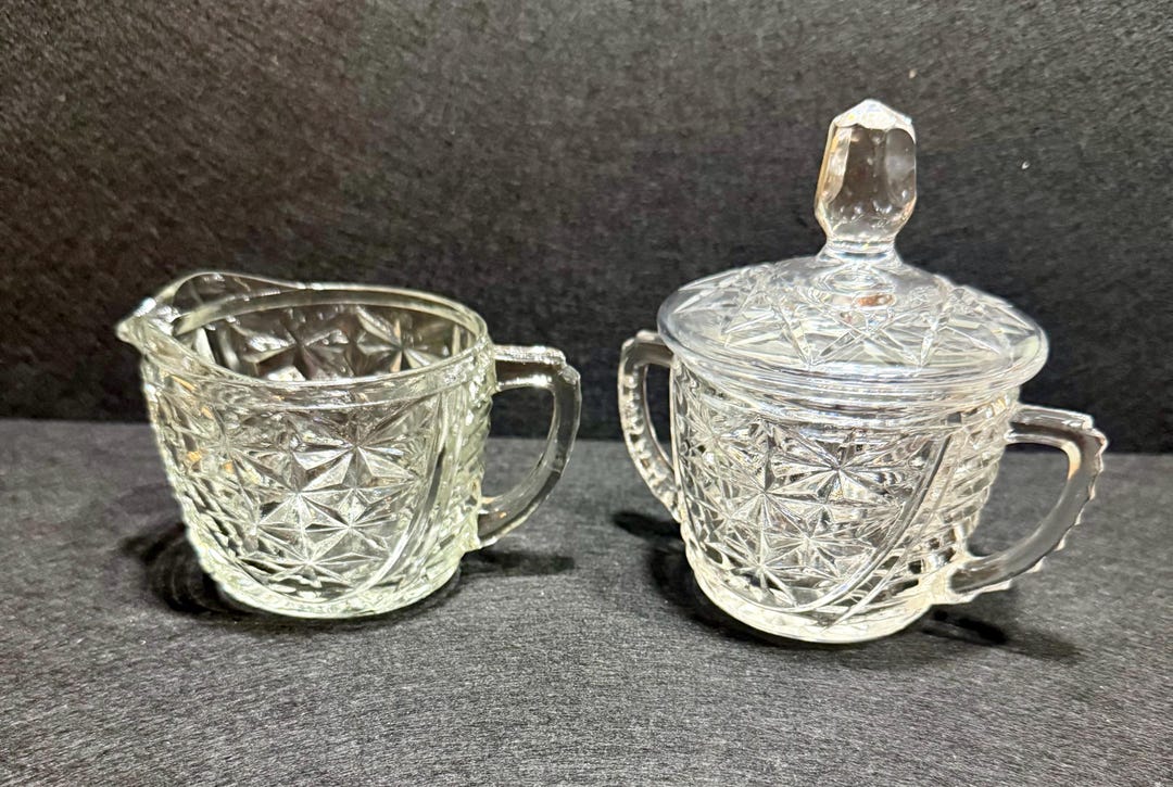 Vintage Pressed Glass Sugar Bowl With Lid and Creamer – Starburst ...