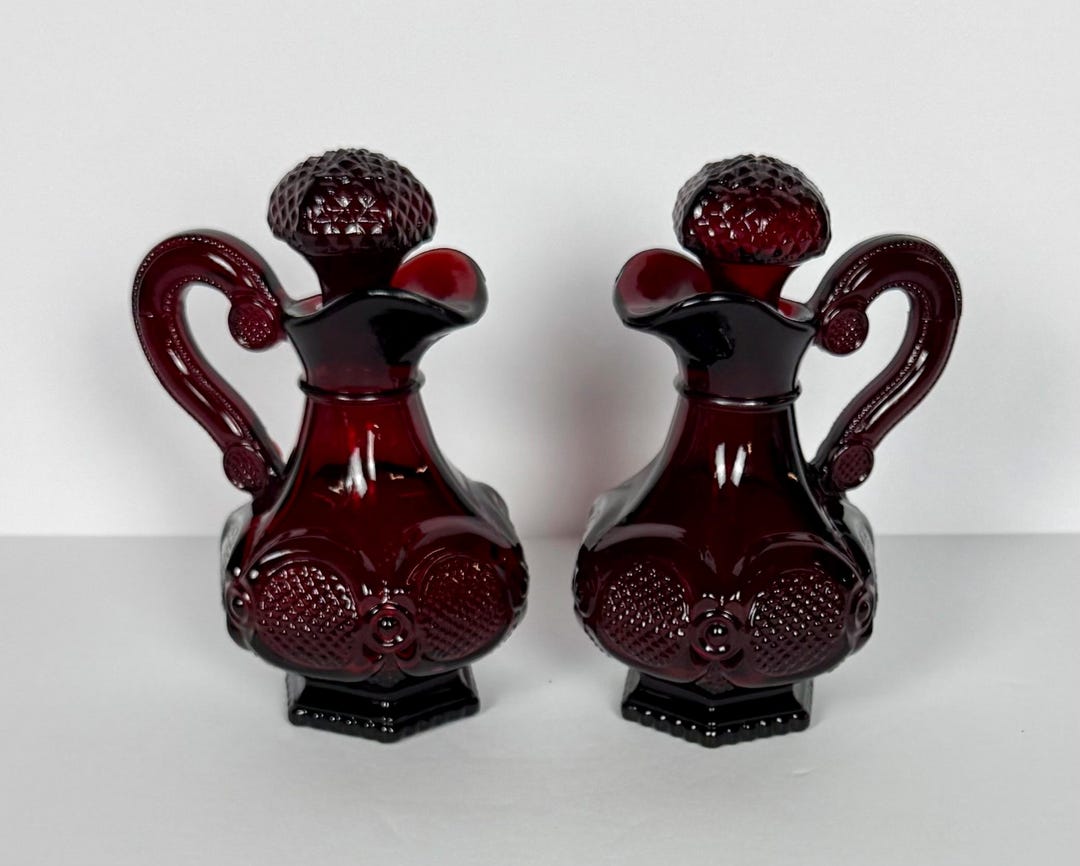 Vintage Avon Cape Cod Ruby Red Glass Cruet Set, Cranberry Pressed Glass ...