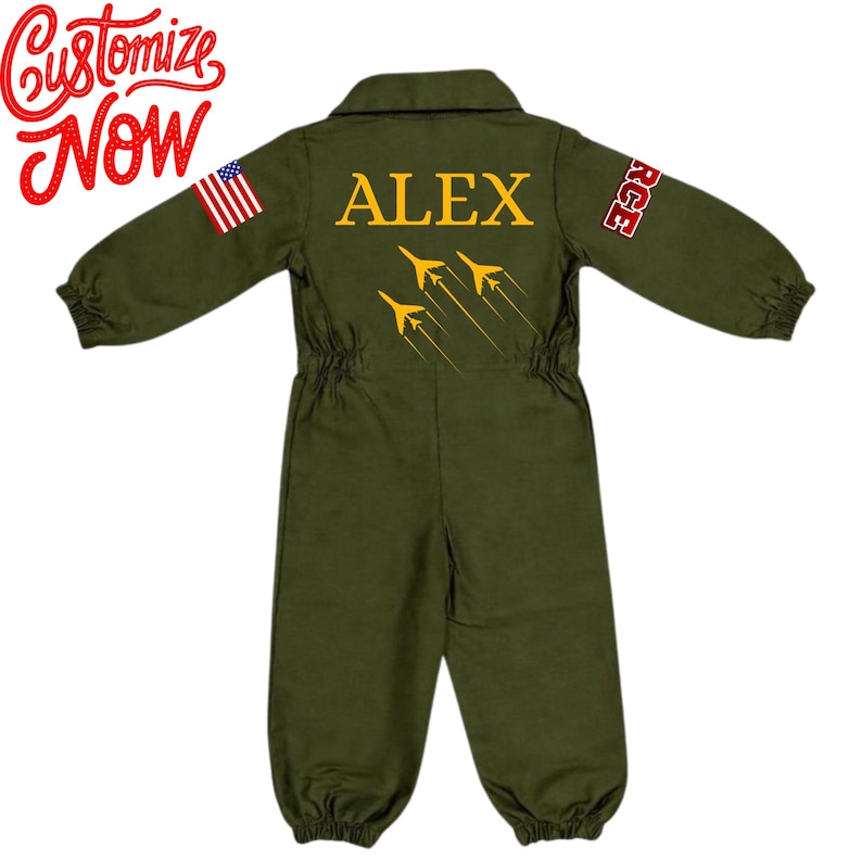 Kids Pilot Air Force Costume With Name and Flag, Cotton Denim Flight ...