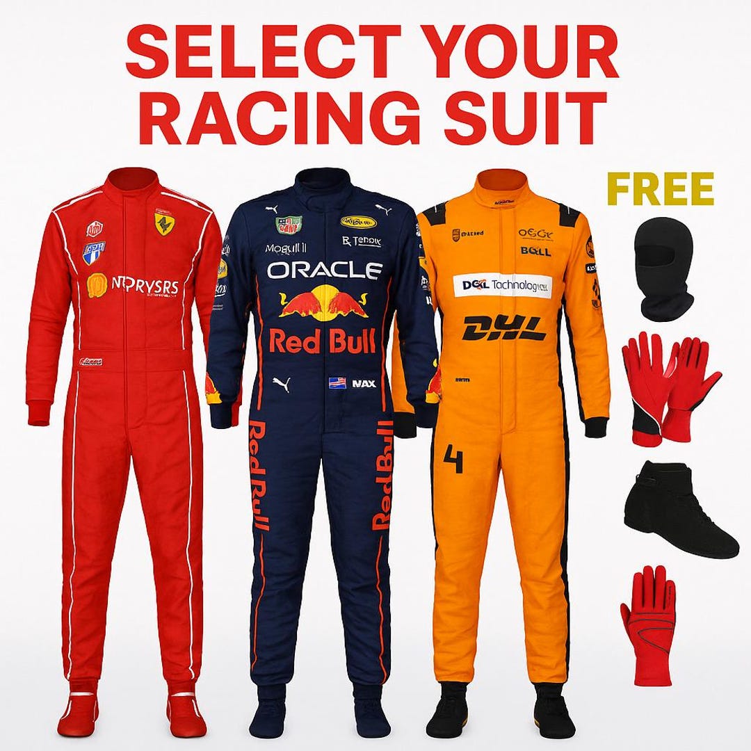 Kart Racing Suits of Formula 1 Racers With Matching Gloves, Caps and ...