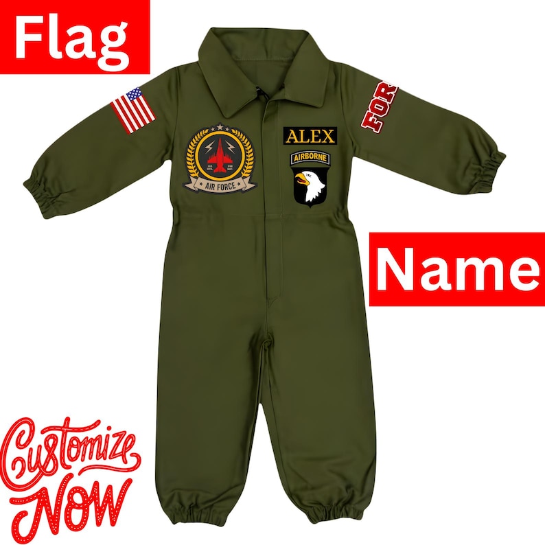 Kids Pilot Air Force Costume With Name and Flag, Cotton Denim Flight ...